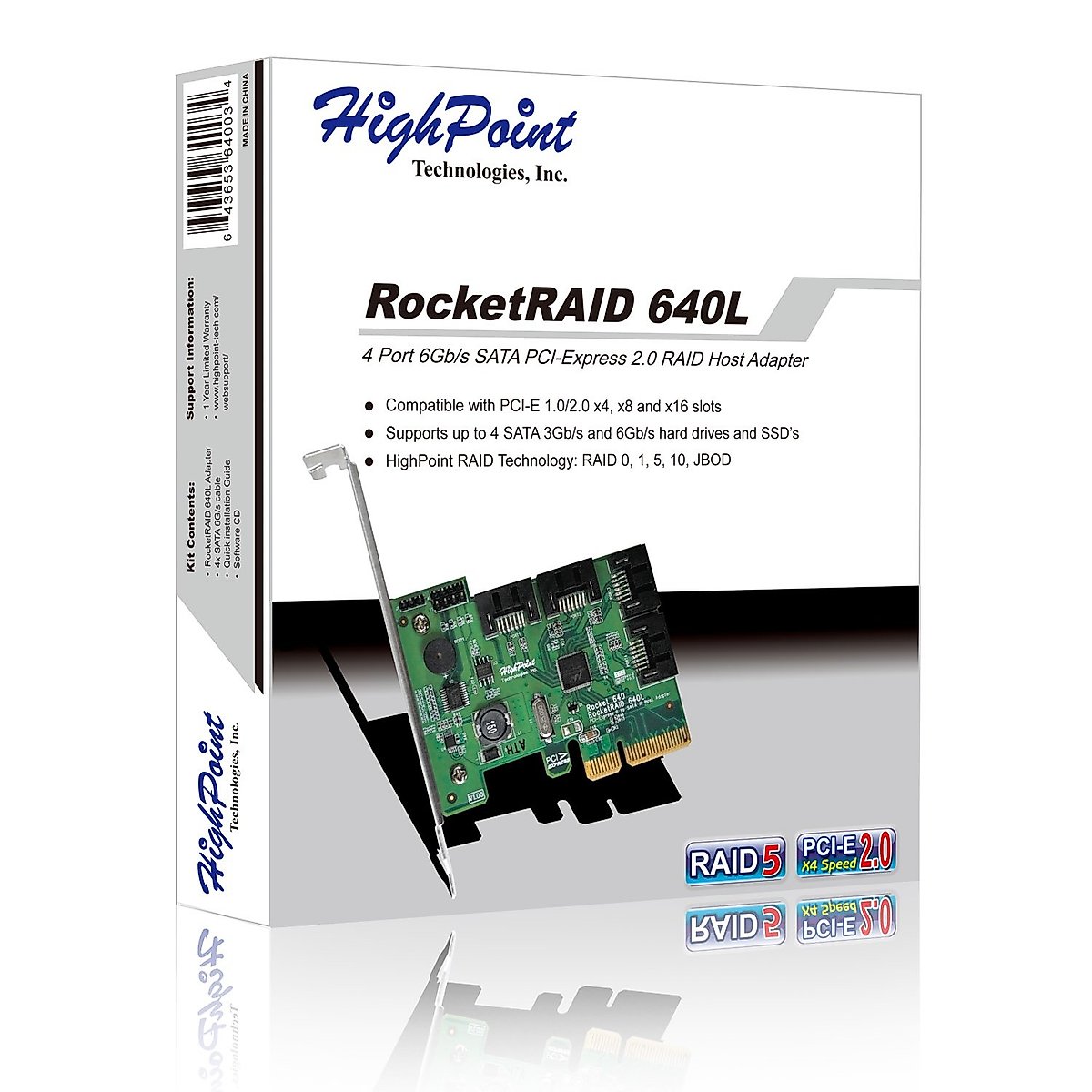 HighPoint RocketRAID 640L Internal 4 SATA Port PCI-Express 2.0 x4 SATA 6Gb/s RAID Controller -Lite Version