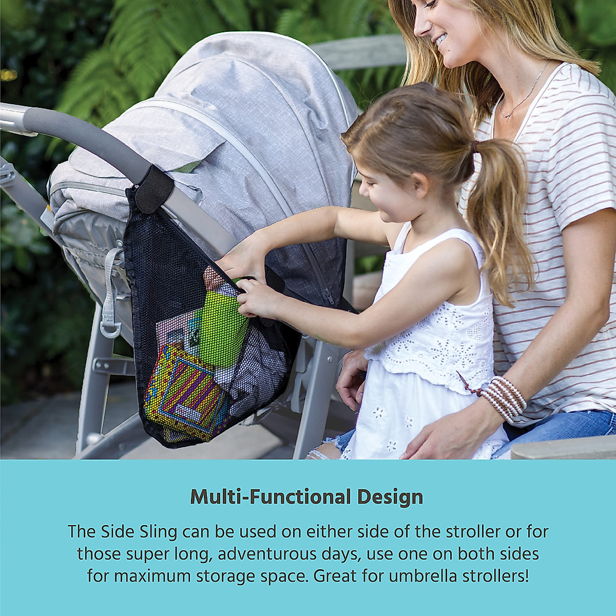 J.L. Childress Side Sling, Universal Fit Stroller Mesh Cargo Net and Organizer, Extra Stroller Storage Space, Non-Slip and Adjustable Straps, Black