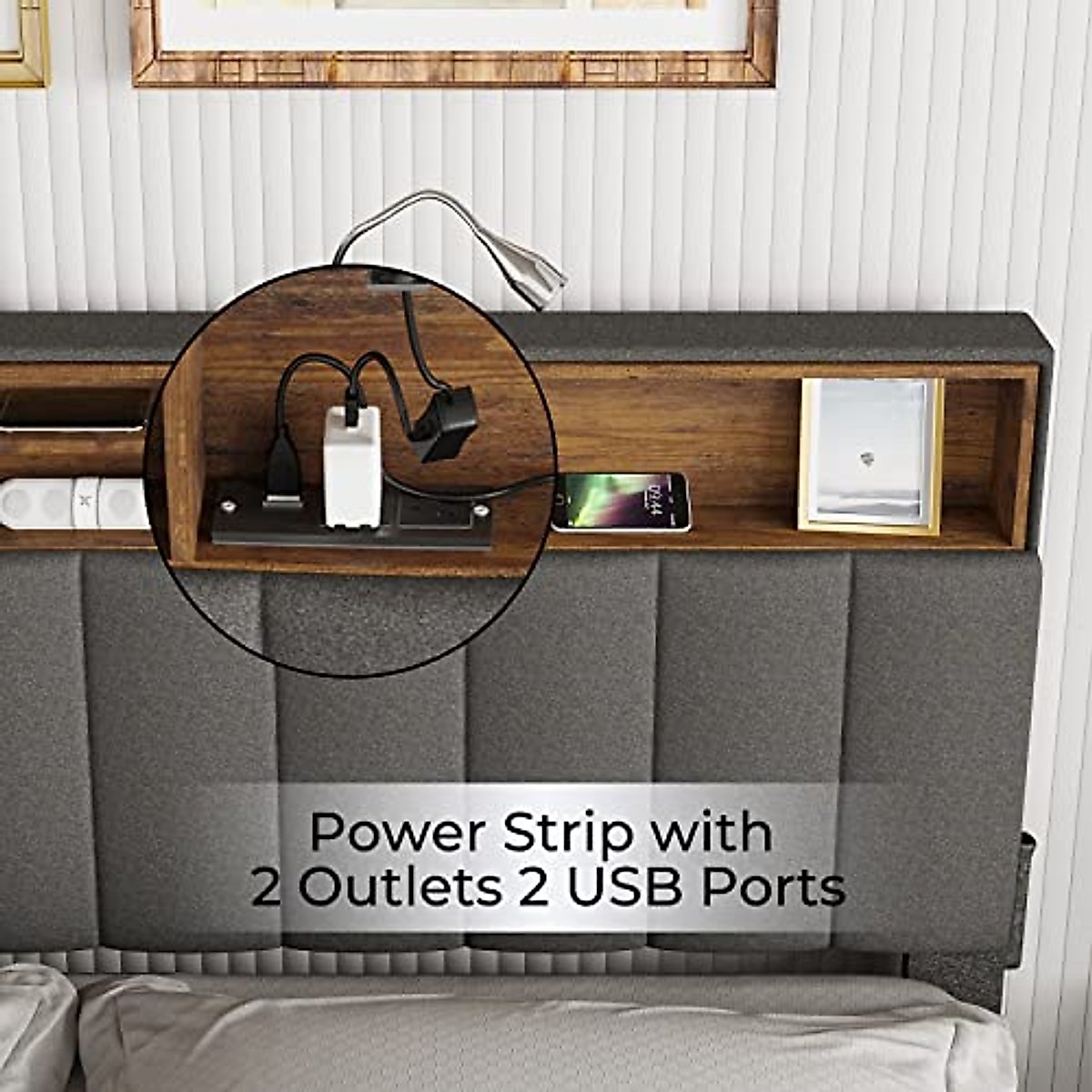 Tiptiper Full Size Bed Frame with Outlets, Platform Bed Frame with Storage Headboard and Height Adjustable, Fabric Upholstered Bed with Wooden Slat Support, No Box Spring Needed, Dark Grey