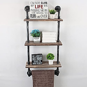 Murtain Industrial Pipe Bathroom Shelves 3-Tier Wall Mounted,19.7 inch Rustic Wall Shelf with Bath Towel Bars,Farmhouse Towel Rack,Metal & Wooden Floating Shelves,Over The Toilet Storage Shelf