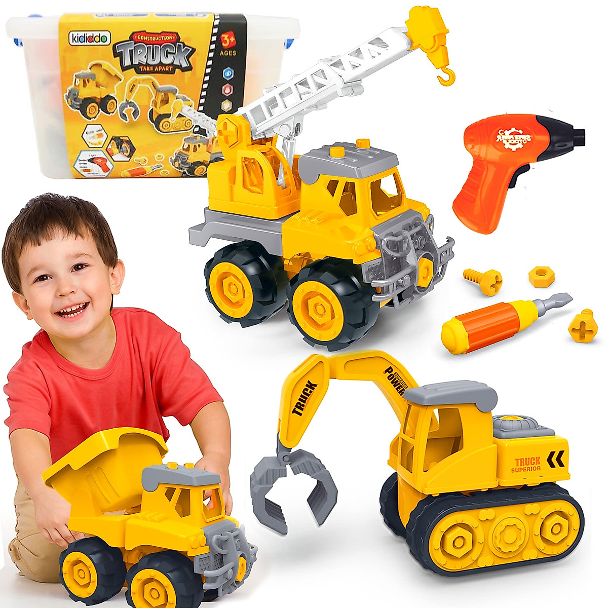 Construction Trucks Take Apart Toys for Kids Age 3-5 Toddlers Set of 3 Vehicles Excavator, Crane, Dump Truck Toy with Screwdriver and Drill Stem Educational Birthday Gift for 2 3 4 5 Year Old Boys
