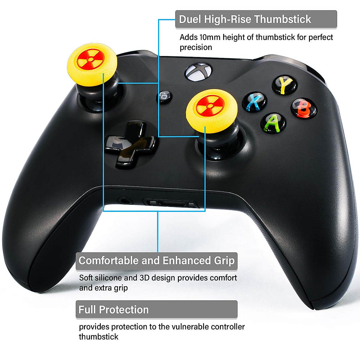Playrealm FPS Thumbstick Extender & 3D Texture Rubber Silicone Grip Cover 2 Sets for Xbox Series X/S & Xbox One Controller(Radiation Yellow)
