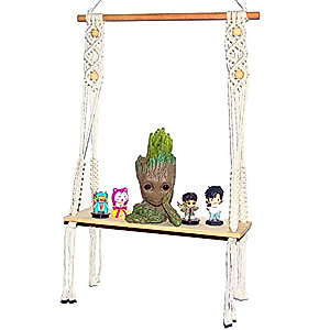 Axgo Macrame Hanging Shelves, Handmade Bohemian Woven Hanging Shelves Macrame Wall Hanging Shelf 16" x 6" Boho Wall Decor for Books Photos Collectibles Small Plants Perfumes