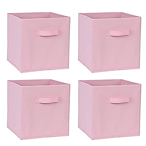 Pink Fabric Storage Cubes | Pack of 4 Organization Baskets with Handles for Home and Office | Foldable Storage Basket Set for Girls, 10.6 x 11.2-Inch