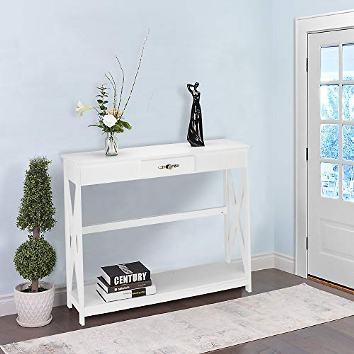 Bonnlo White Entryway Table with Drawer and Shelf, Slim Console Tables with Storage, Farmhouse Sofa Tables for Living Room, Hallways, Foyer, 39.4”W x 11.8”D x 31.7”H
