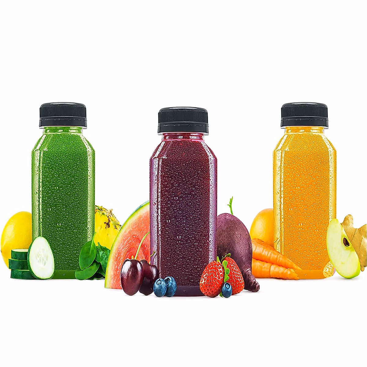 MANSHU 3 Pack 8 OZ Plastic Juice Bottles, Reusable Bulk Beverage Containers, Comes Black lid, for Juice, Milk and Other Beverages.