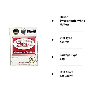 Amish Country Popcorn | Old Fashioned Microwave Popcorn | 10 Bags Sweet Kettle White Hulless | Non-GMO, Gluten Free, Microwaveable and Kosher (10 Bags)