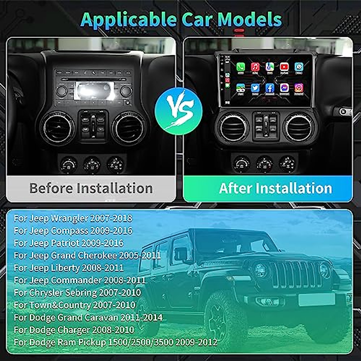 Car Radio Stereo for Jeep Wrangler JK Compass Dodge Ram with Wireless Carplay Andriod Auto