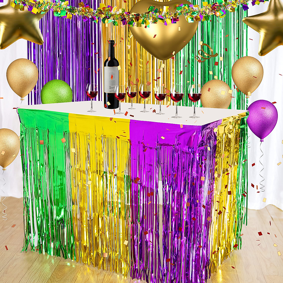 JOYIN 5PCS Mardi Gras Party Decoration with 1 PCS Fringe Curtain, 3 PCS Table Skirt and 1 PCS Garland Pack Mardi Gras Party Favor Supplies