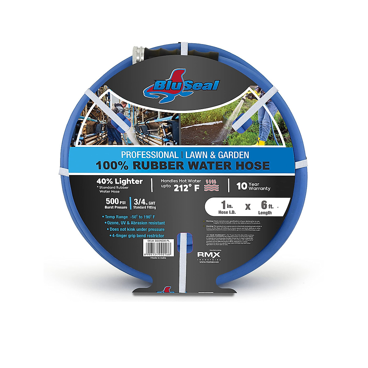 BluSeal Hot/Cold Water Rubber Garden Hose, 100% Rubber, Ultra-Light, Super Strong, 500 PSI, 50F to 190F Degrees, High Strength Polyester Braided (1" x 6')