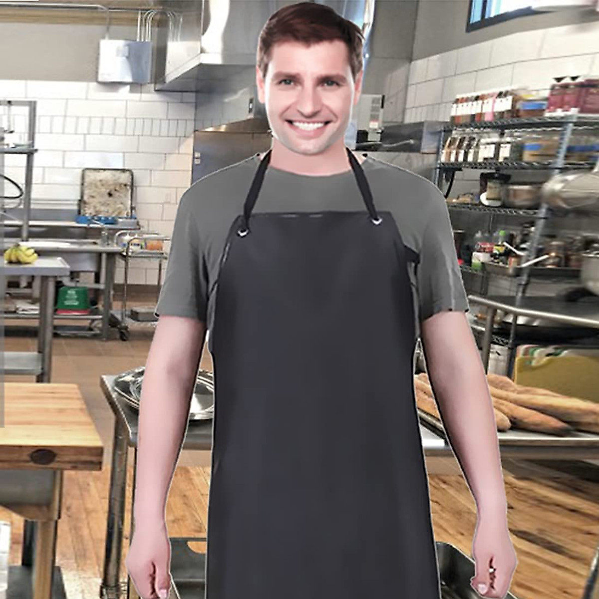 Lchkrep Waterproof Rubber Vinyl Apron Adjustable -43"x29" - Stay Dry - Ultra Lightweight Industrial Long Aprons for Dishwashing Work Butcher Cleaning Fish (BLACK-1 PACK)