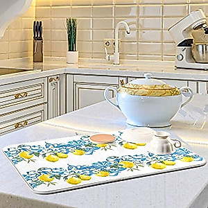 Tamniee Lemons Dish Drying Mat Yellow Blue Kitchen Dry Mats Decor Absorbent Baby Bottle Pad for Home Counter Drainer Countertops, 16x18in (g69531602p523c558s1113)