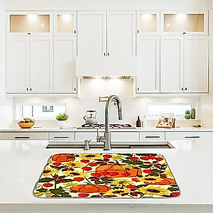 Dish Drying Mat for Kitchen Counter 16x18 Drying Rack Pad Absorbent Microfiber Reversible Kitchen Accessories Fall Pumpkin Sunflower