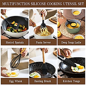 Umite Chef Kitchen Cooking Utensils Set, 33 pcs Non-Stick Silicone Cooking Kitchen Utensils Spatula Set with Holder, Black Wooden Handle Silicone Kitchen Gadgets Utensil Set