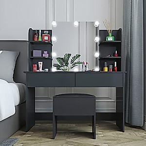 LEVNARY Vanity Set with Lighted Mirror, Makeup Vanity Table with Lights, Makeup Desk Dressing Table with 2 Large Storage Drawers & Cushioned Stool for Bedroom (Black)