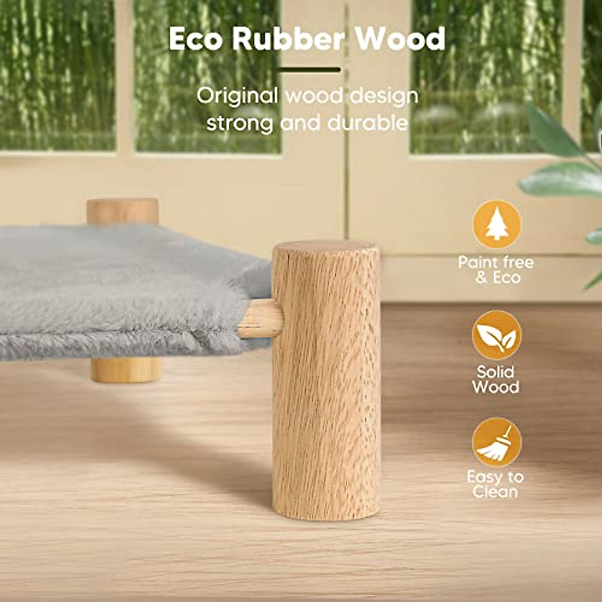 FLUFFEE Cat Hammock Bed, Wooden Elevated Cat Bed for Indoor Cats, Portable Washable Raised Pet Bed for Kitten Puppy Rabbit - Grey