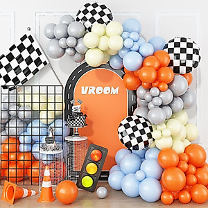 Race Car Balloon Garland Arch Kit, Blue Yellow Grey White Coral Red Latex Balloons,Racing Car Party Supplies,Checkered Balloons for Racing Car Theme Party Birthday Decorations