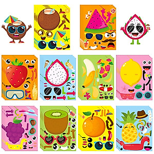 MALLMALL6 40Pcs Make Your Own Fruit Stickers 10 Kinds Cartoon Fruit Summer Hawaii Theme Characters Sticker DIY Dress Up Art Crafts Mixed and Matched Tutti Frutti Party Favors Games Decorations for Kid