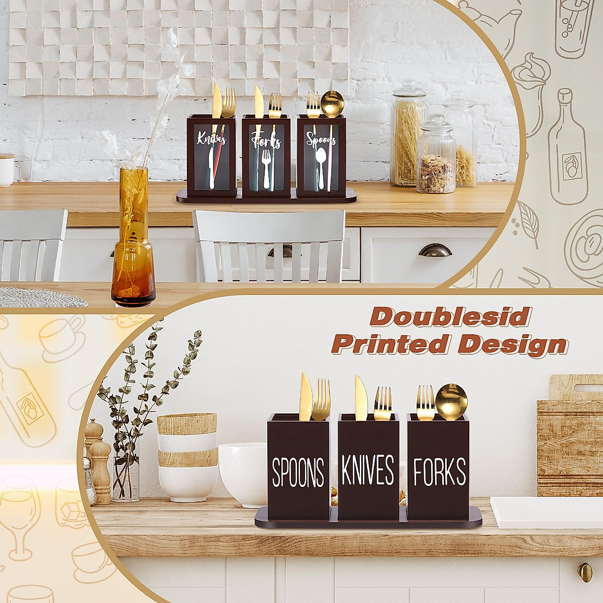 Gejoy Clear Acrylic Silverware Cutlery Caddy Utensil Holder with Wood Tray Spoon Fork Knives Flatware Dispenser for Kitchen Table Countertop Silverware Storage Organizer(Brown)