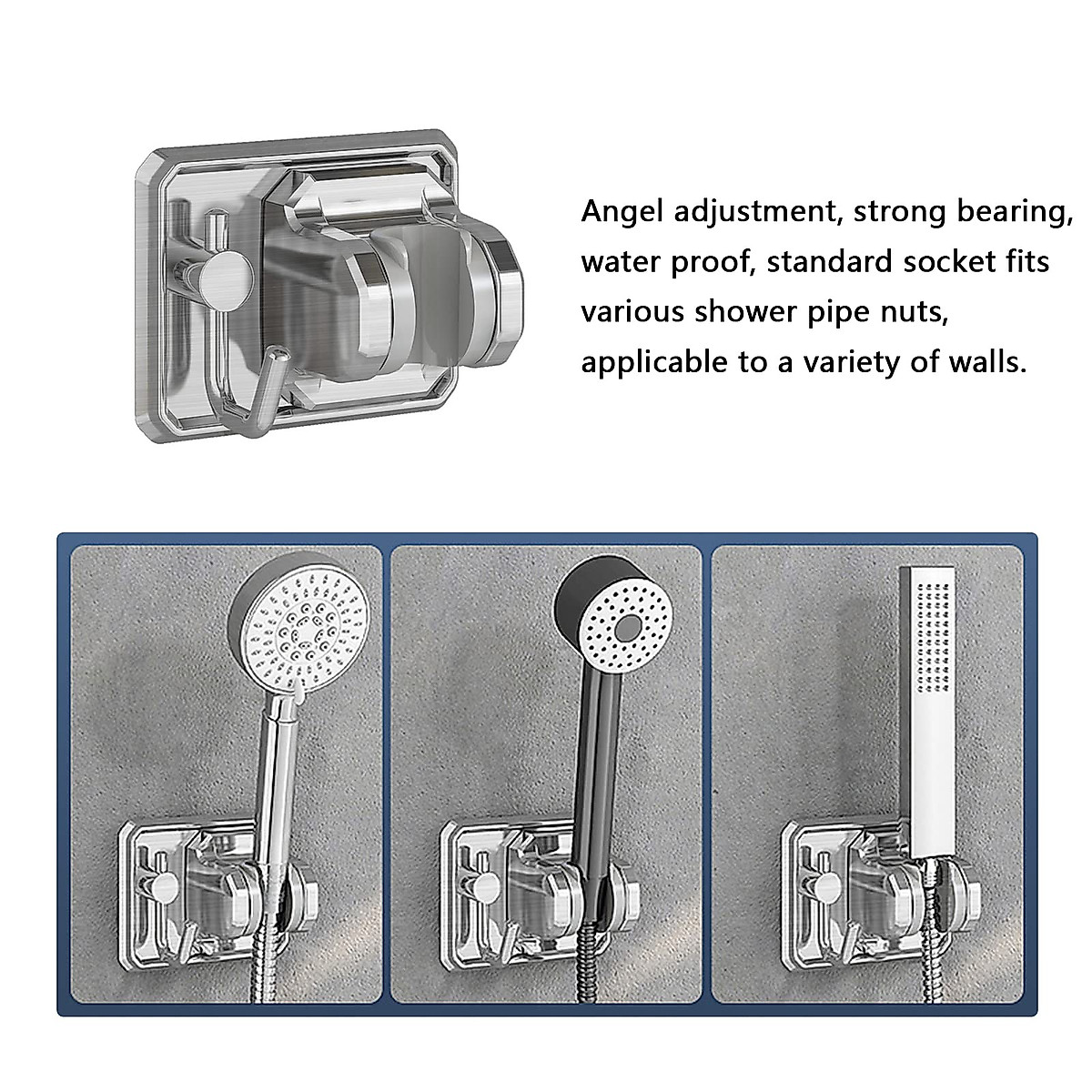 Shower Head Holder with Hook - Strong Adhesive Waterproof Handheld Shower Holder, Adjustable Shower Wand Holder Wall Mount for rv Shower Kids Shower Bathroom Shower, No Drilling (Silver)