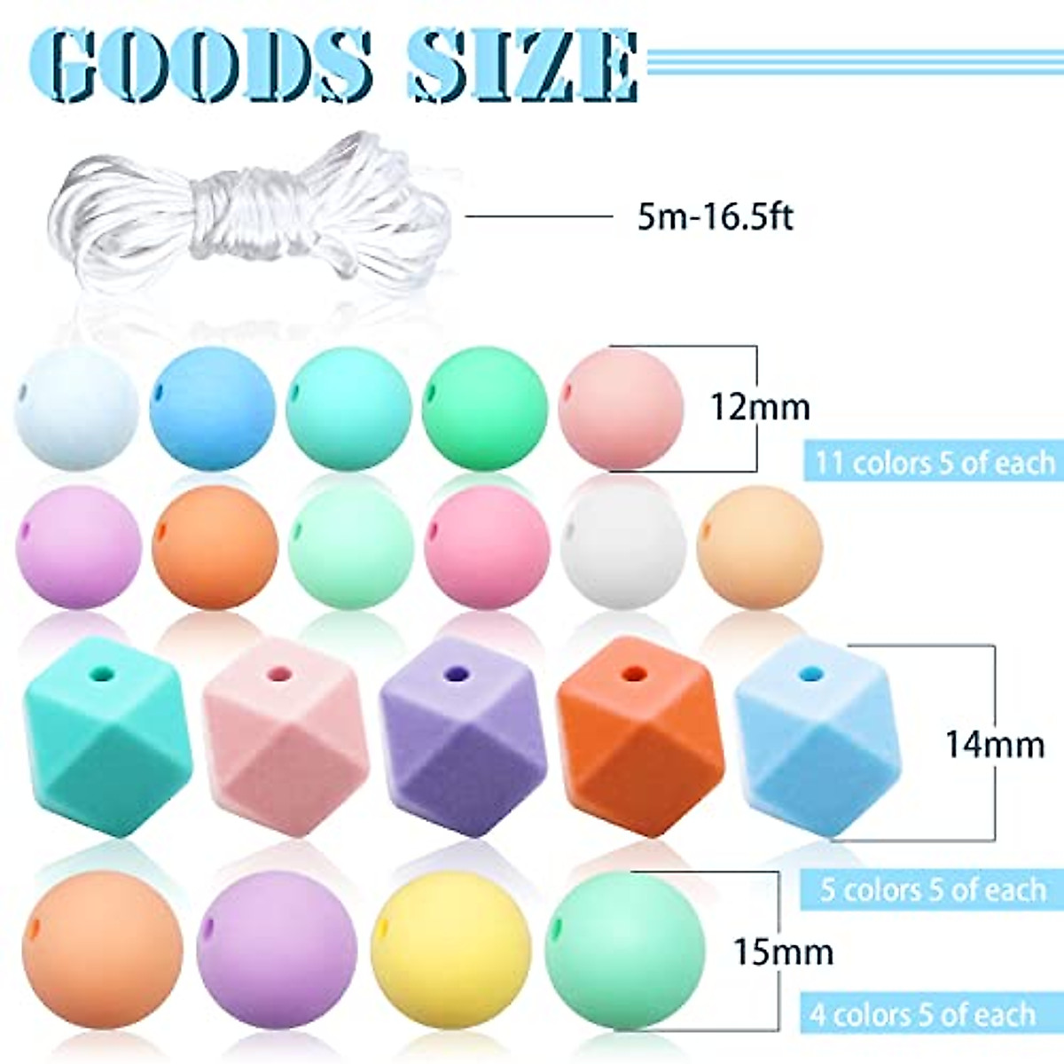 101 PCS Silicone Beads, Silicone Loose Beads for Keychain Making Round Rubber Beads Polygonal Silicone Beads Colorful Silicone Loose Pearl Beads with Rope for DIY Necklace Bracelet Jewelry Crafts