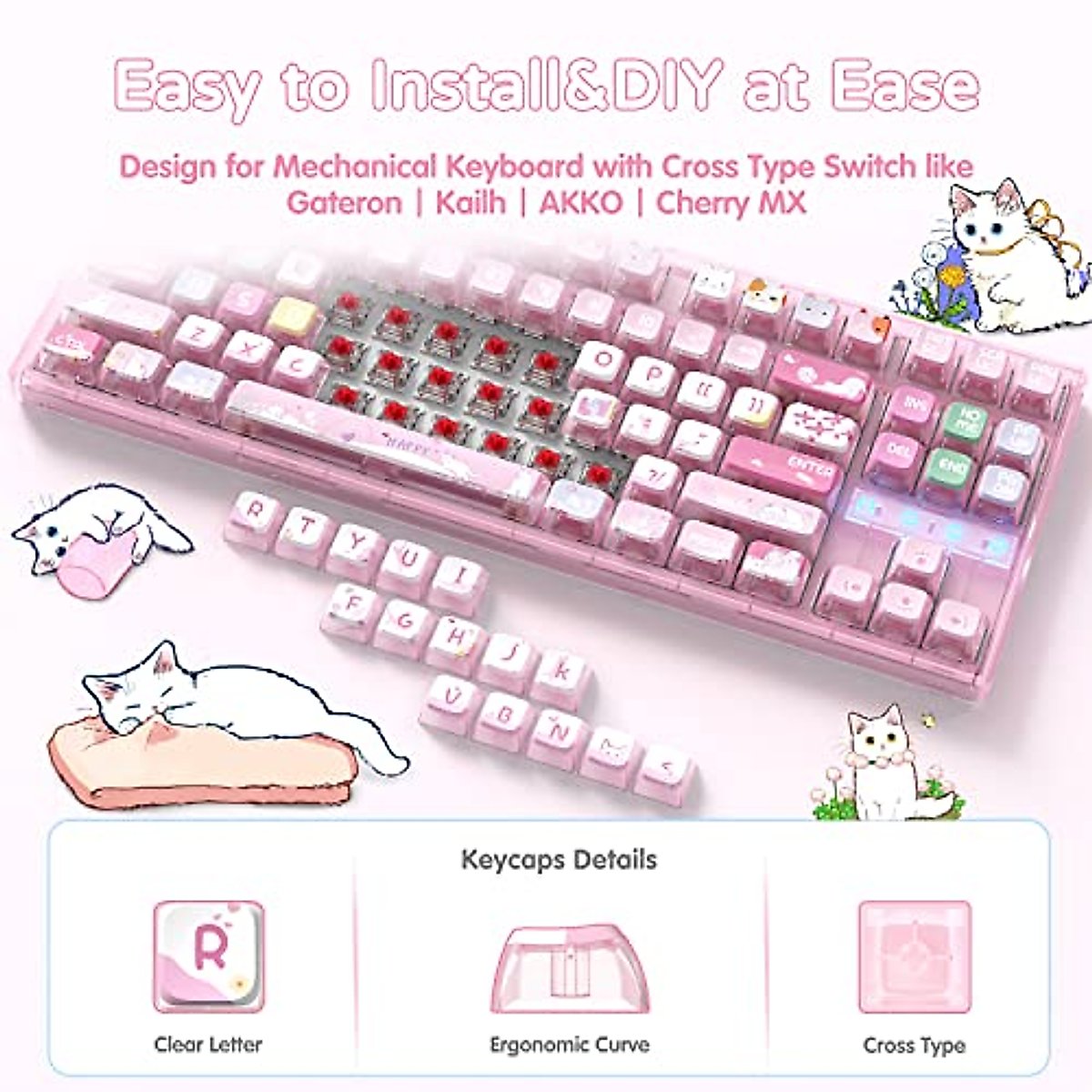 120 Key PBT Pudding Keycap Set ASA Profile with Transluscent PC Layer Dye-Sub Cute Cat Theme for 61/84/87/98/100/104Key TKL Cherry MX Gateron Kailh Cross Type Switch ANSI Mechanical Keyboard DIY(Pink)