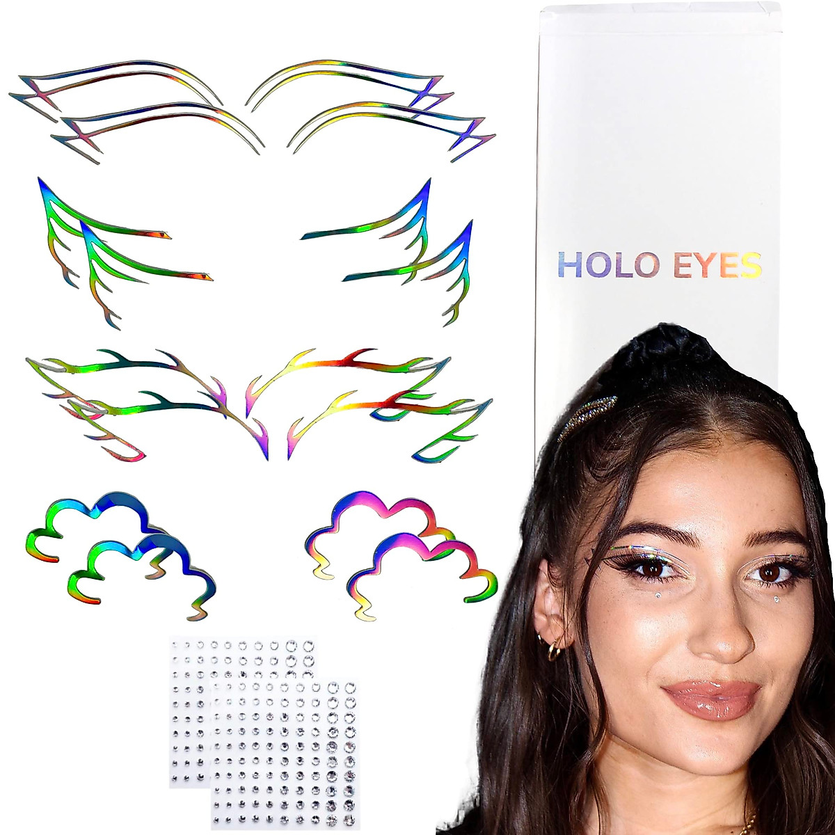 HOLO EYES 5 Designs 10 Sets Holographic Eye Makeup Stickers Festival Face Gems Temporary Stickers Crystal Face Stickers Decorations Fit for Festival Rave Carnival Party and Events Euphoria