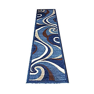 Modern Runner Contemporary Area Rug Blue Brown Carpet King Design 144 (2 Feet X 7 Feet 3 Inch)