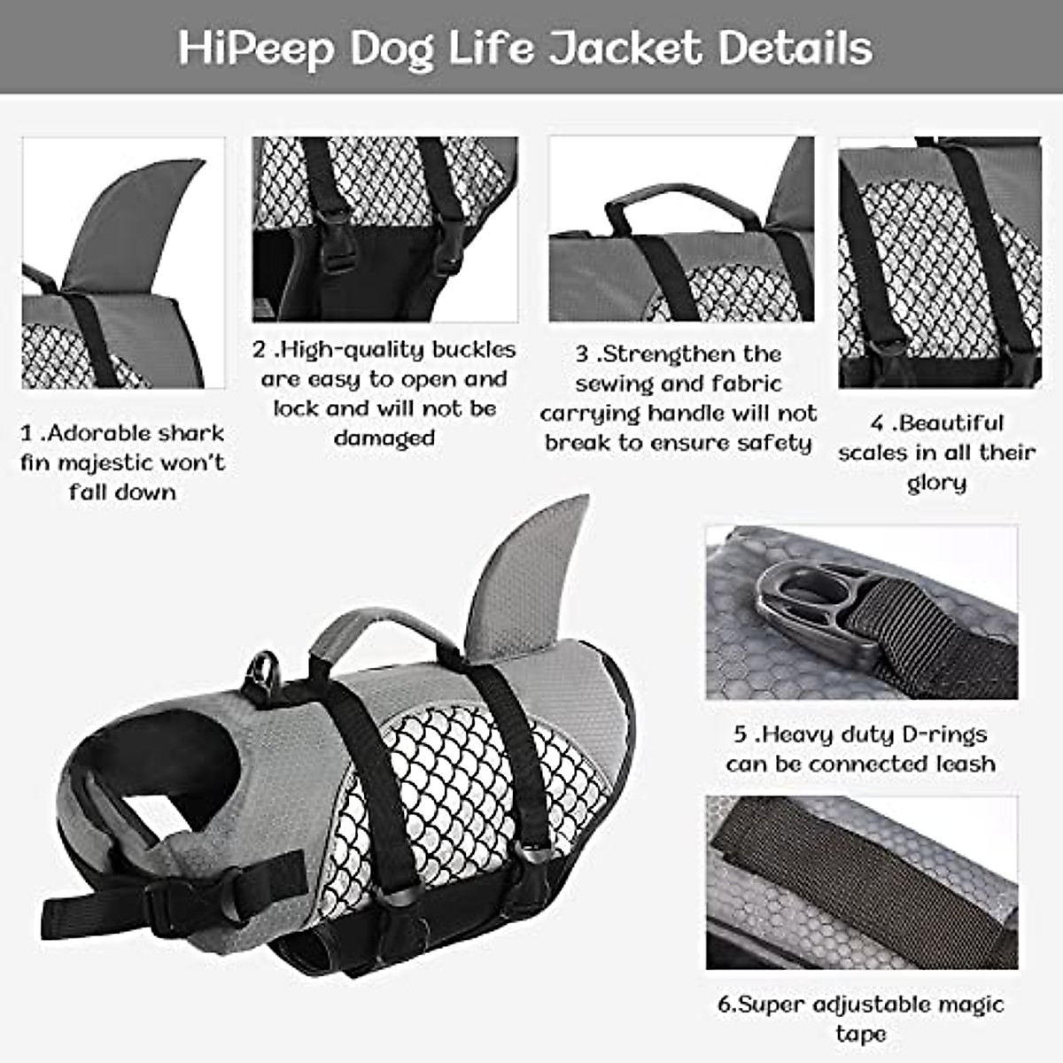 HiPeep Ripstop Dog Life Jacket Adjustable Dog Life Vest Safety Lifesaver Puppy Life Preserver Superior Buoyancy Swimming Boating Rescue Handle Shark Design for Small Medium Large Dogs（Silver,L）