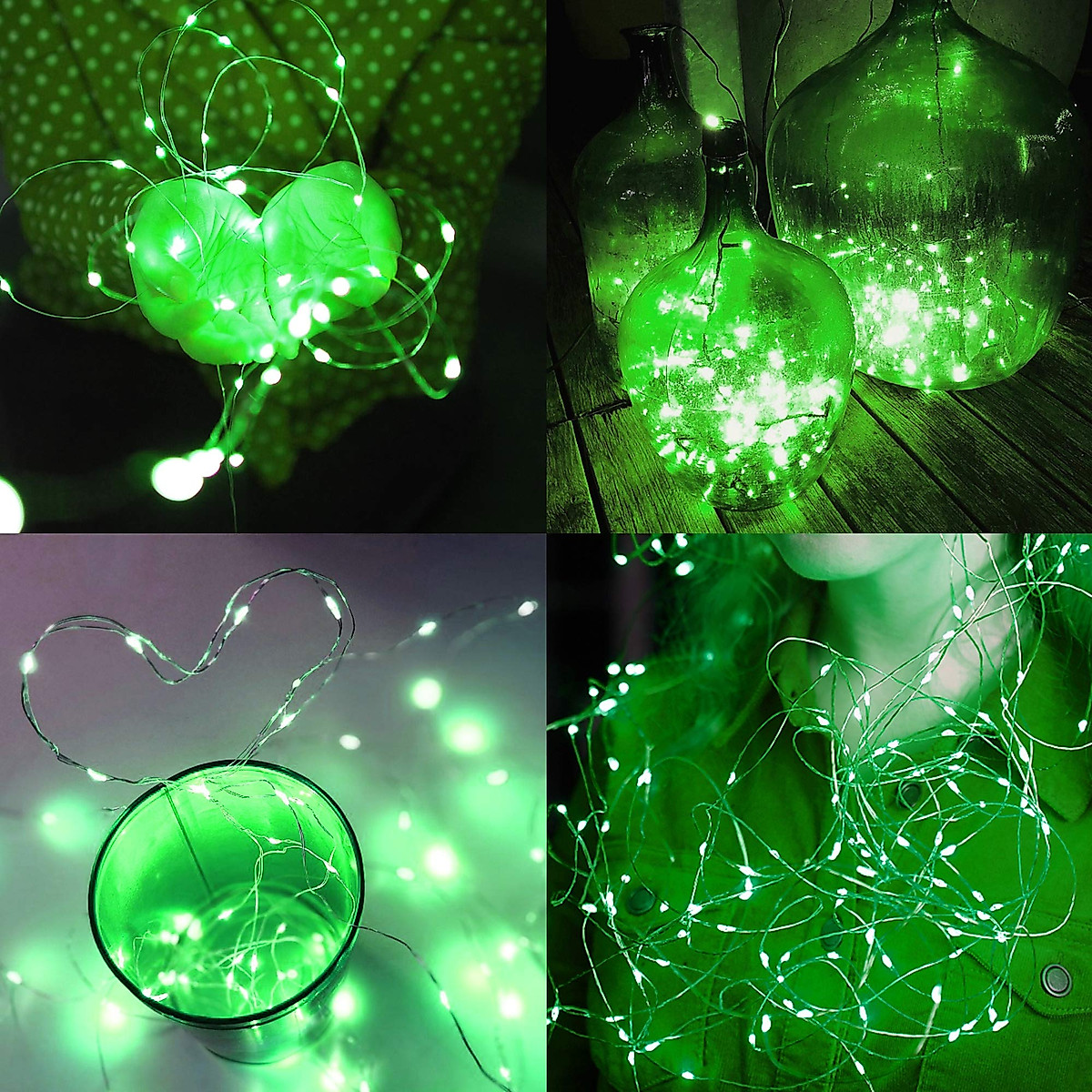 Twinkle Star 33FT 100 LED Silver Wire String Lights, St Patricks Day Fairy Lights Battery Operated LED String Lights for Christmas Wedding Party Home Holiday Decoration, Green