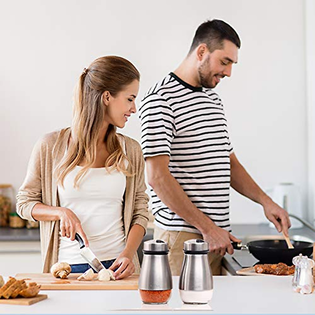 TUAEB 2pcs Salt and Pepper Shakers Set - Salt Shaker with Adjustable Pour Holes - 304 Stainless Steel & Glass Spice Dispenser Refillable - Perfect for Black Pepper, Kosher And Sea Salts - Seasoning