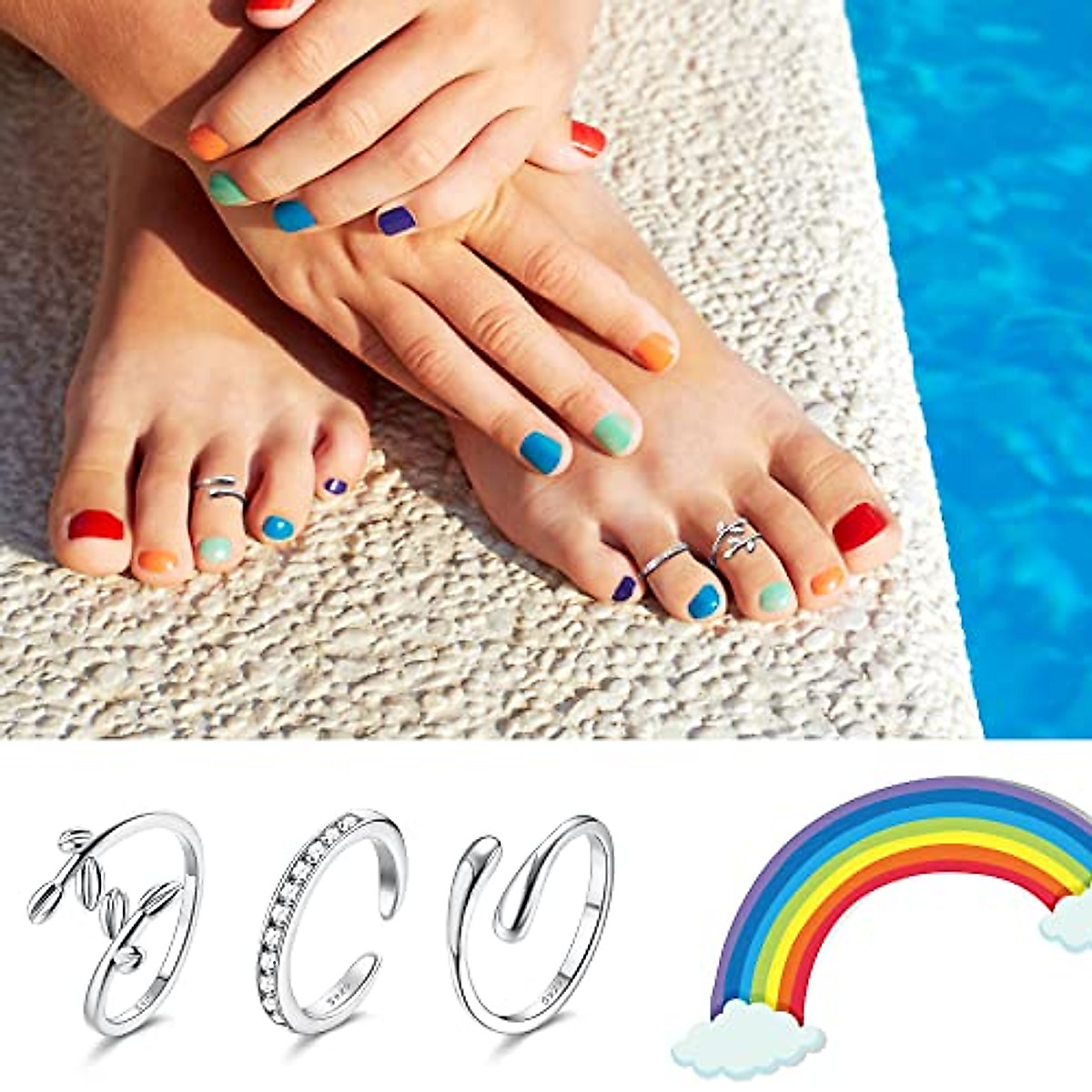 Besteel 925 Sterling Silver Toe Rings for Women Adjustsable Open Cuff Toe Rings Set Platinum Plating Band Leaf CZ Tail Rings Trendy Summer Beach Barefoot Jewelry Classic Style