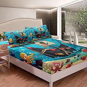 Cartoon Pirate Ship Fitted Sheet Twin Size Marine Adventure Bedding Set Girls Boys Adults Underwater Fish Bed Cover Cute Octopus Jellyfish Bed Sheet,1 Pillowcase