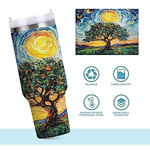 RPLIFE Starry Night Beautiful Tree Blue Coffee Tumbler with Handle, Stainless Steel Coffee Tumbler, Drinking Cups with Lids and Straws