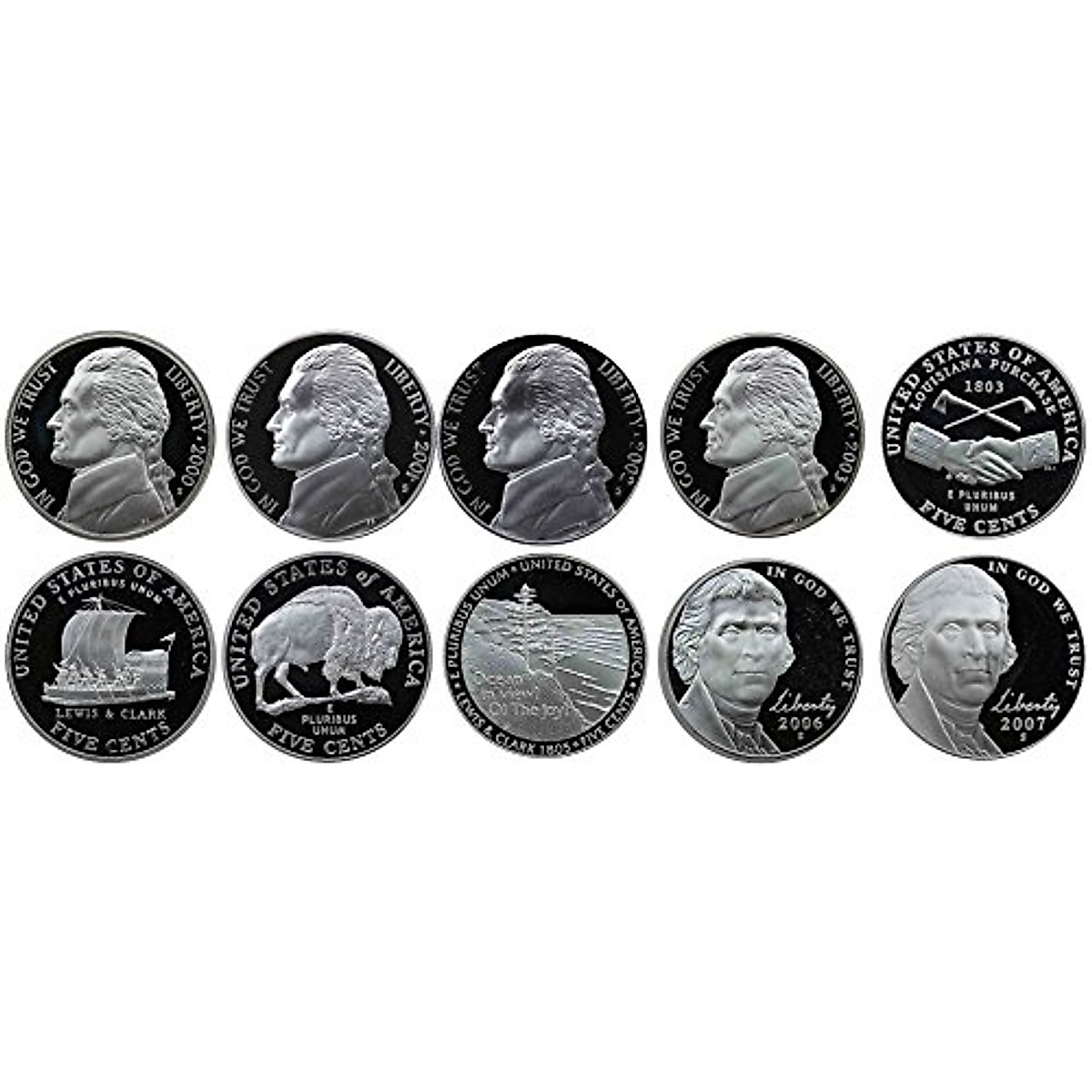 2000-2007 S Jefferson Nickel Gem Proof Run 10 Coins US Mint Decade Lot Complete 2000's Set