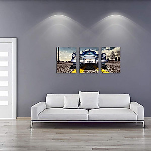 USIXA Car Wall Art for Living Room Old Vehicle on Brown Road Wall Decor Painting Blue Car in Wild Picture for Home Decor Prints Canvas with Frame Ready Hang White Cloud Sky Landscape Poster 12''X16''