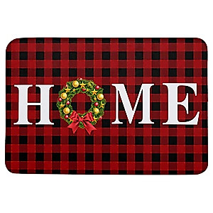 Prironde Front Door Mats Outdoor Indoor Kitchen Mat, Black Red Plaid Green Christmas Wreath Red Bow Xmas Home Entrance Doormat Non-Slip Bathroom Rugs Washable Floor Mats for Sink/Porch, 16" x 24"