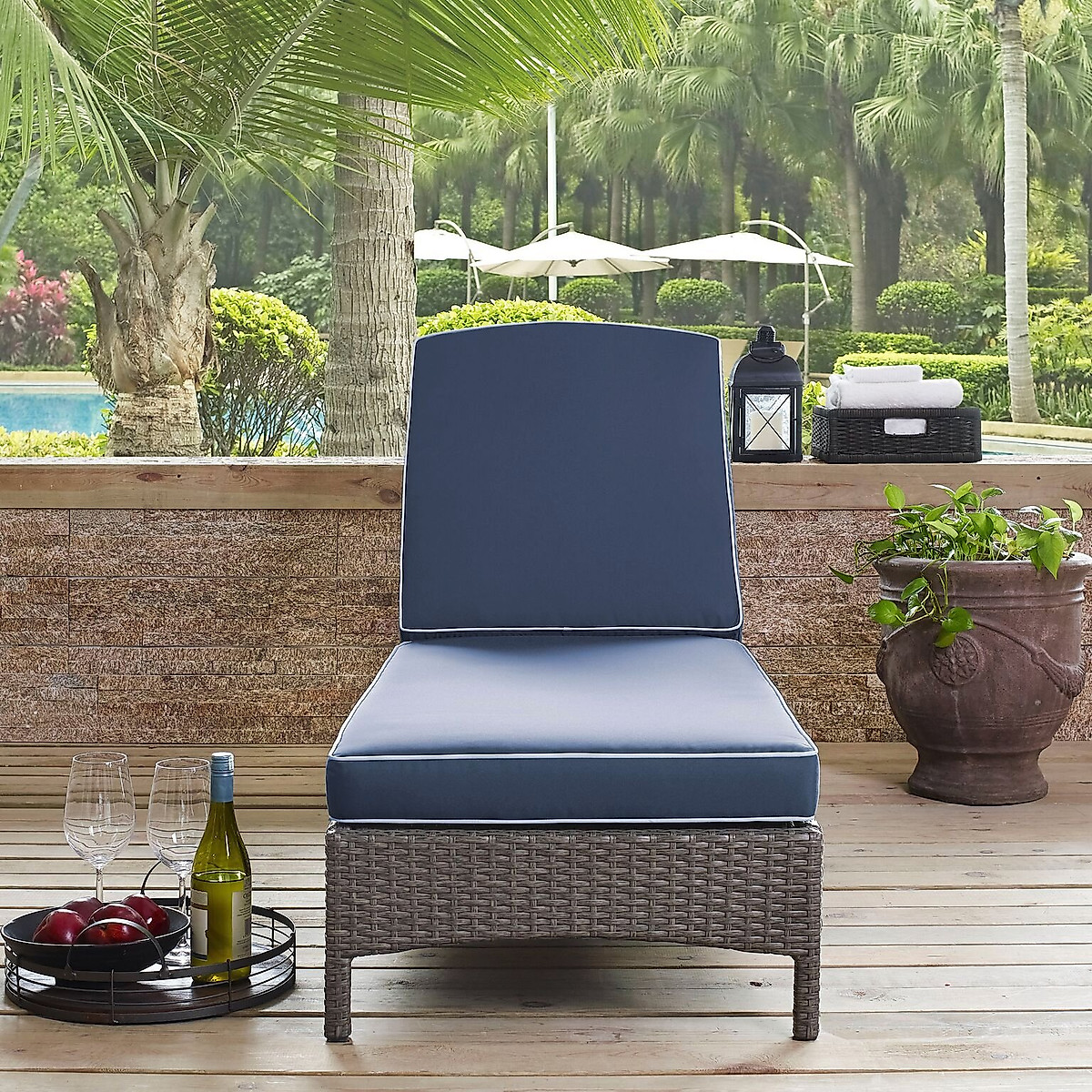 Crosley Furniture Palm Harbor Reclining Wicker Outdoor Chaise Lounge Chair for Patio, Deck, Poolside, Gray with Navy Cushions