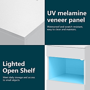 HOMMPA Set of 2 Open Shelf LED Nightstands with Charging Station 2 Drawers Bedside Tables White Night Stands with Storage Smart Nightstands High Gloss Night Table with Led Light for Bedroom Furniture