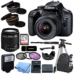 Canon EOS 4000D / Rebel T100 DSLR Camera with EF-S 18-55mm Zoom Lens + SanDisk 64GB Memory Card + Tripod + Case + Wideangle Lenses + Rtech Digital Cloth (20pc Bundle), Black, cn4000d bundle (Renewed)