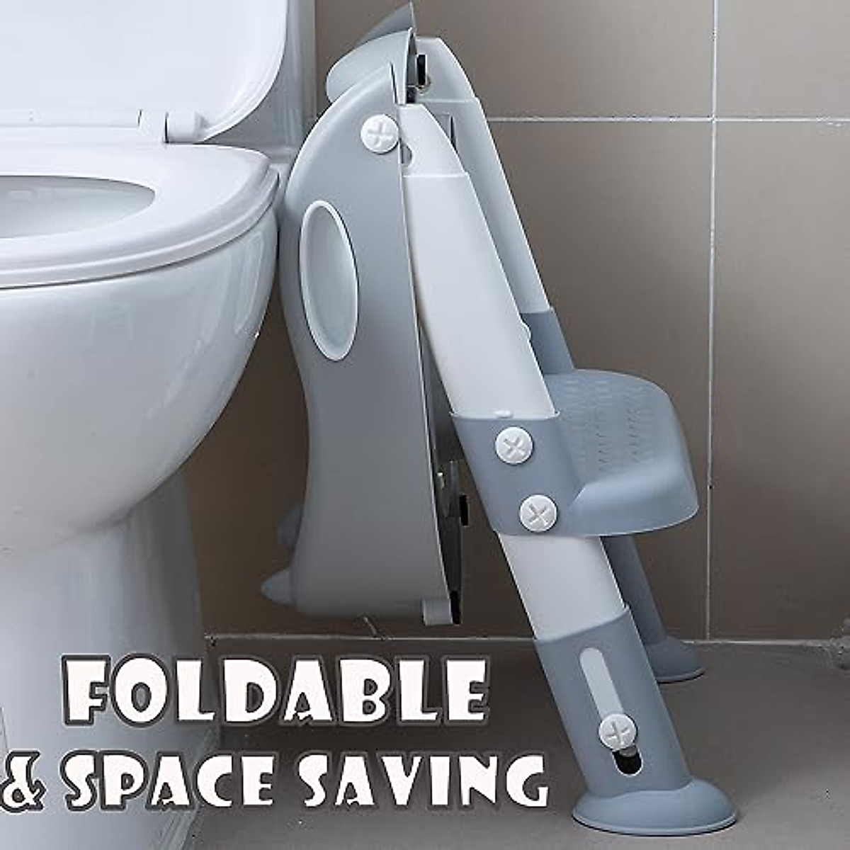 Potty Training Toilet Seat with Step Stool Ladder for kids and baby Adjustable Toddler Toilet Training Seat with Soft Not-Cold Padded Seat Safe Handles and Non-Slip Wide Steps, Ivory Grey for Kids