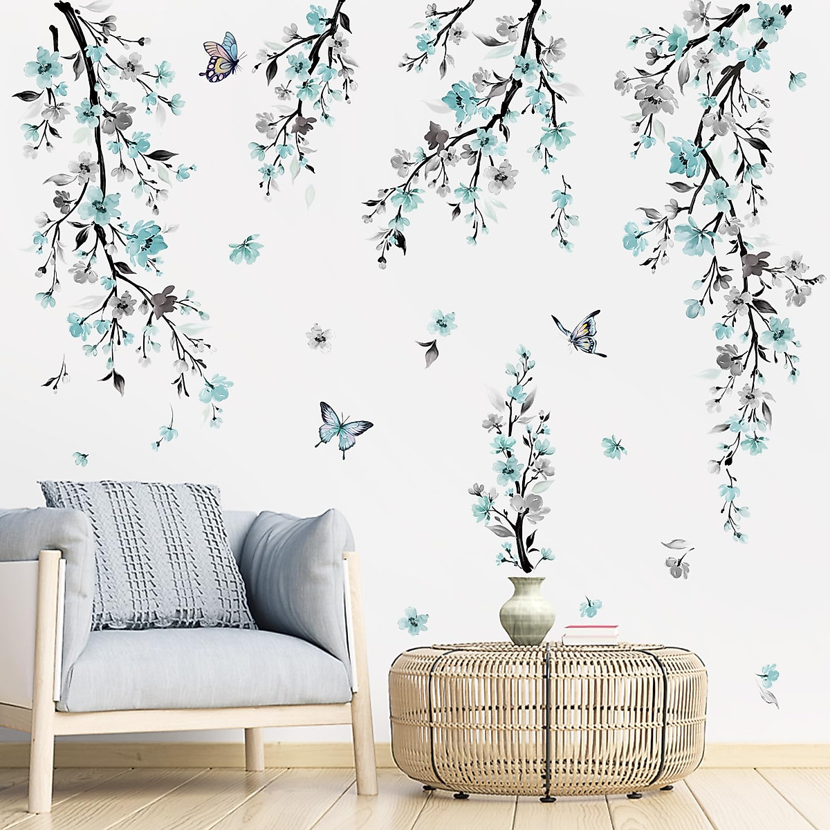 wondever Watercolor Flower Vine Wall Stickers Blue Hanging Floral Tree Branch Wall Art Decals for Living Room Bedroom TV Wall