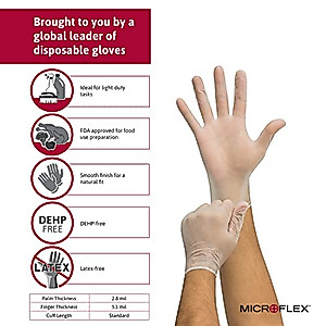 Microflex V28 Disposable Powder-Free Vinyl Gloves for Food Processing, Light Cleaning w/Smooth Surface - Med, Natural (Case of 1000)