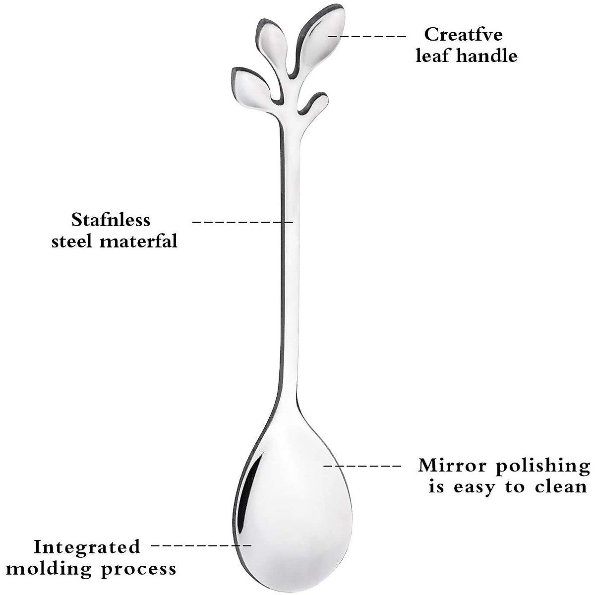 Stainless Steel Leaf Coffee Spoon, SZBAIDEKJ 10 Pcs Creative Tableware Dessert Spoons, Stirring, Mixing, Sugar, Stir, Ice Cream Teaspoon Set (Silver)