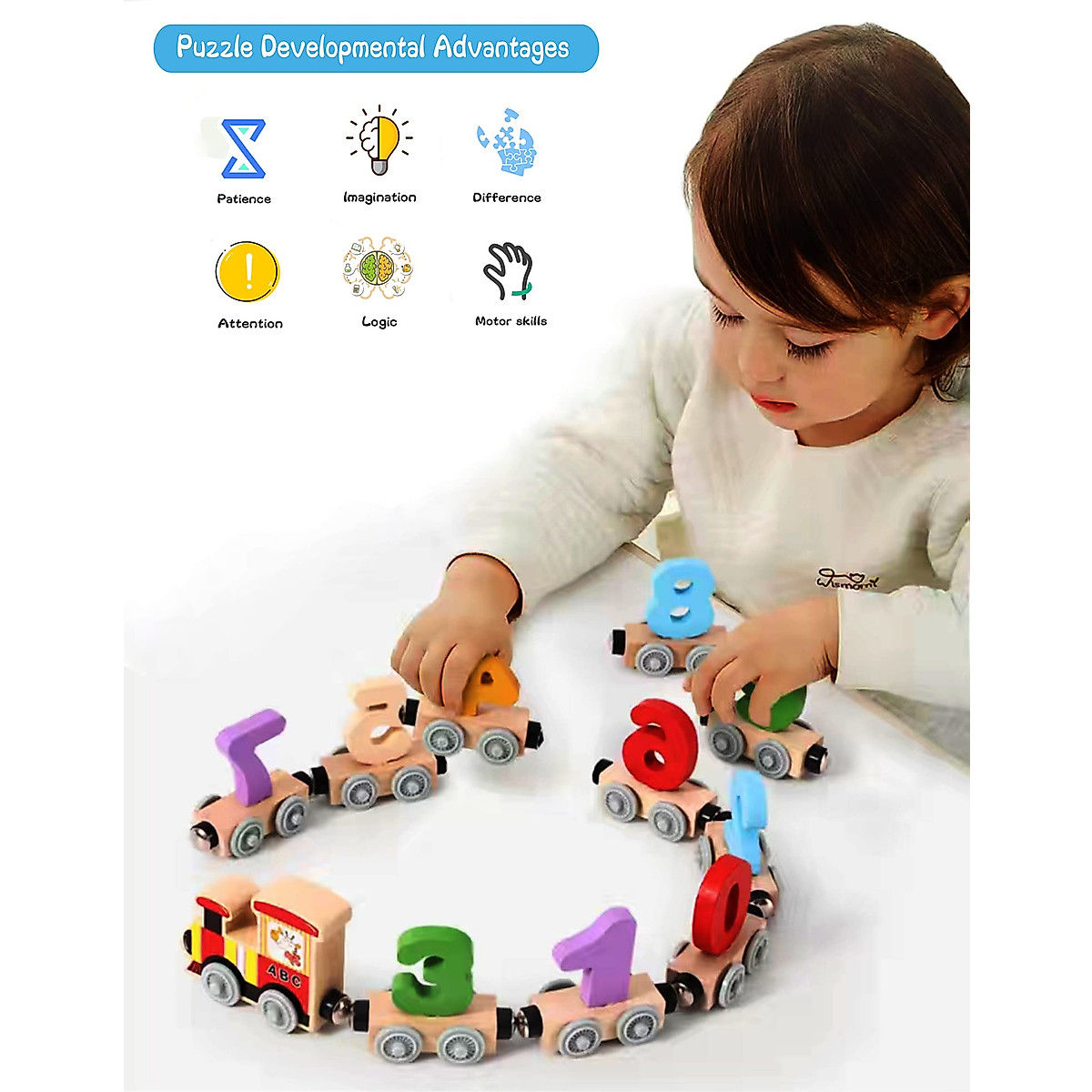 SHIMANDA 12 PCS Wooden Magnetic Train Cars Toy, Magnetic Train Toys Set Includes Locomotive & 11 Pieces Train Cars, Count and Color Educational Learning Toys for Kids Boys and Girls (Number)