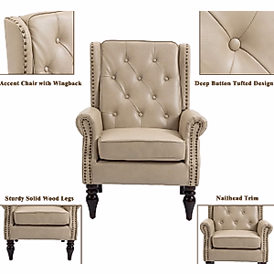 Mid-Century High Wingback Chair, Faux Leather Accent Chair Armchair with Buttons,Modern Living Room Chairs with Rivet Decoration,Leisure Single Sofa Chair for Bedroom,Club,Home Reception (PU Camel)