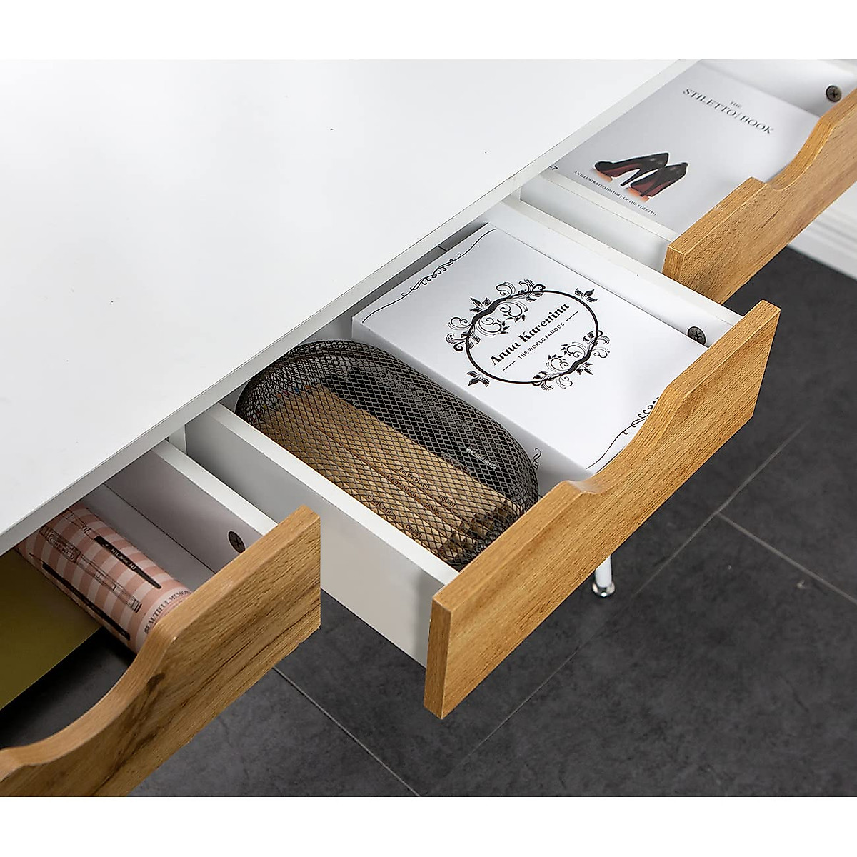 soges Mid Century Desk with Drawers, 3-Drawer Writing Study Desk, 43.3 inches Home Office Computer Desk for Small Space, Multifunctional Vanity Table Desk, White