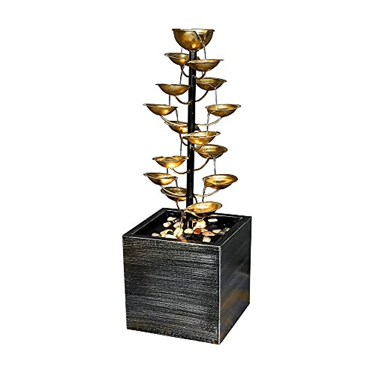 SunJet 31.1inches Modern Metal Water Fountain, Multi-Tier Floor-Standing Water Fountain Cascading Fountain with Lights & Rocks for Indoor/Outdoor Art Decor