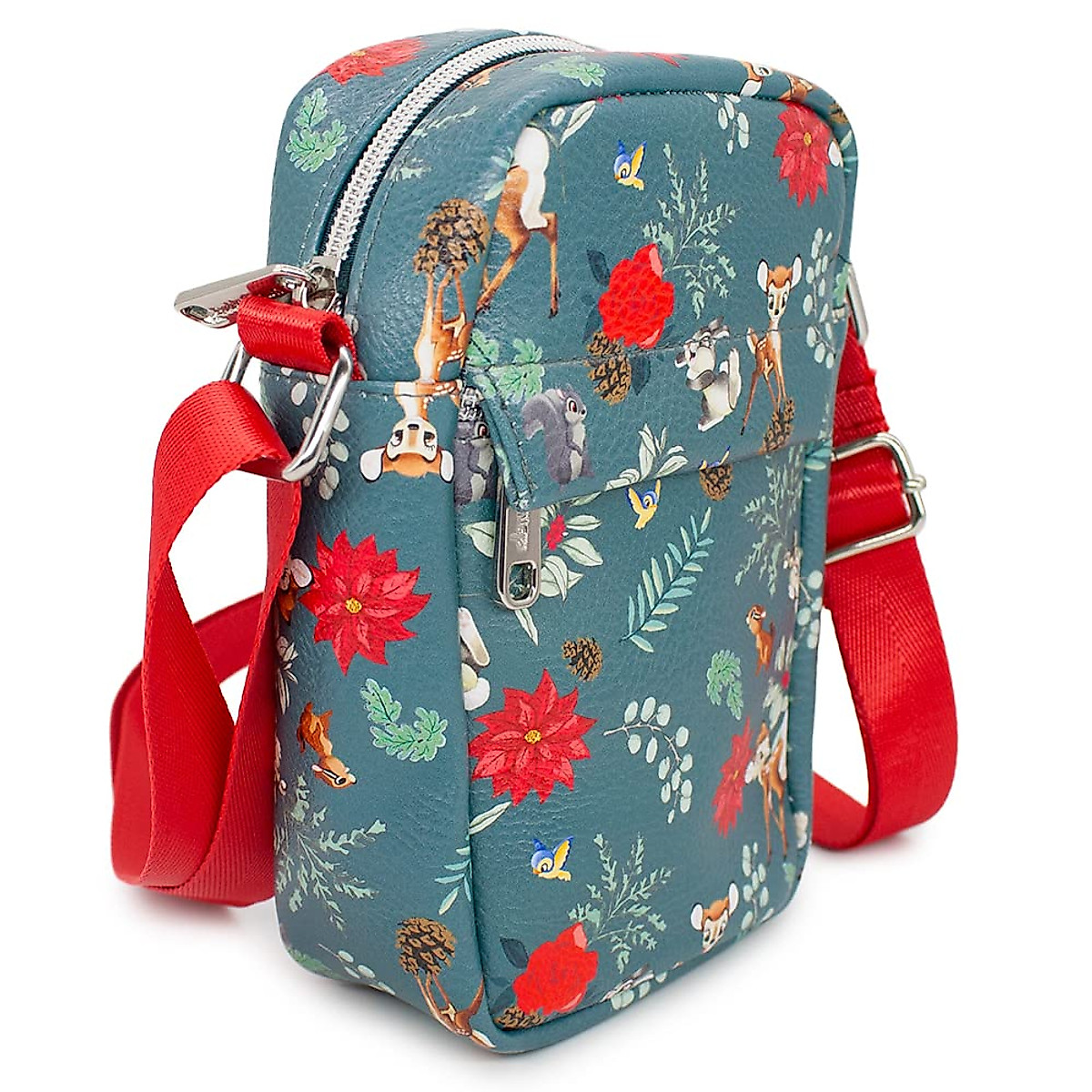 Buckle Down Disney Bag, Cross Body, Bambi Winter Flowers Collage, Dark Green, Vegan Leather