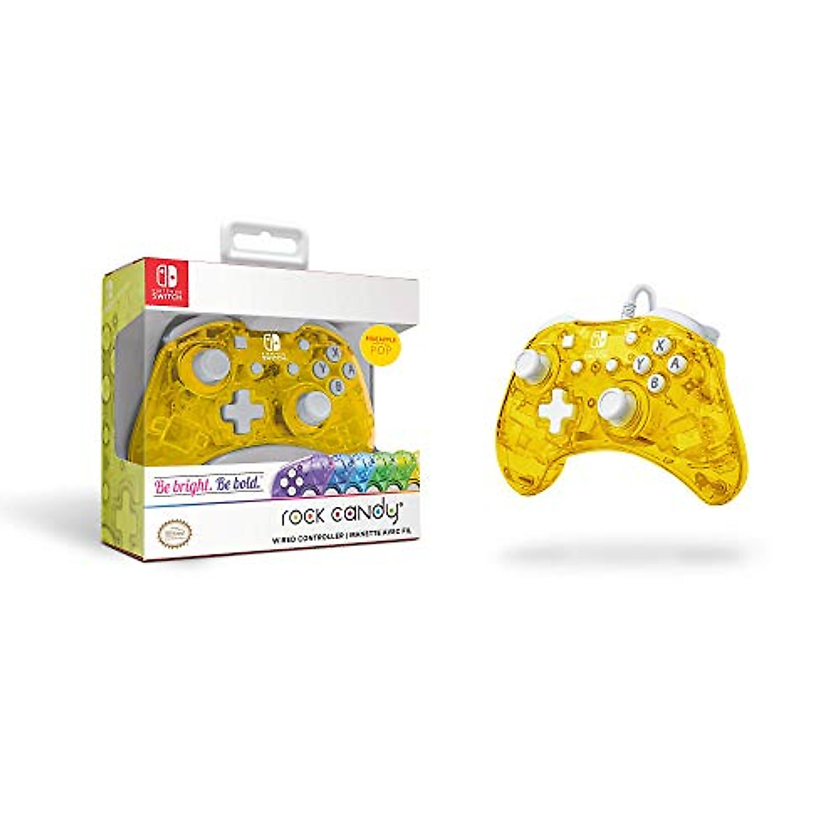 PDP Rock Candy Wired Gaming Switch Pro Controller - Pineapple Pop Yellow / Clear - Licensed by Nintendo - OLED Compatible - Compact, Durable Transparent Travel Controller - Holiday & Birthday Gifts